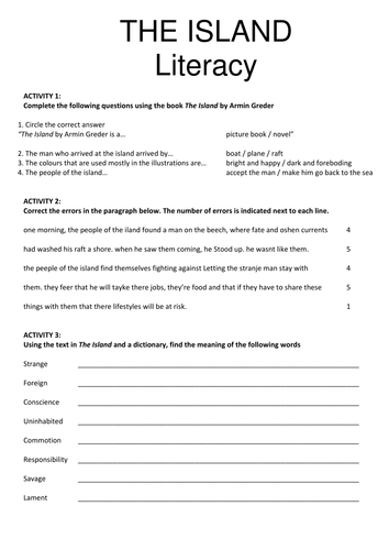The Island Worksheets | Teaching Resources