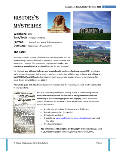 History Elective Assignment - Historical Mysteries | Teaching Resources