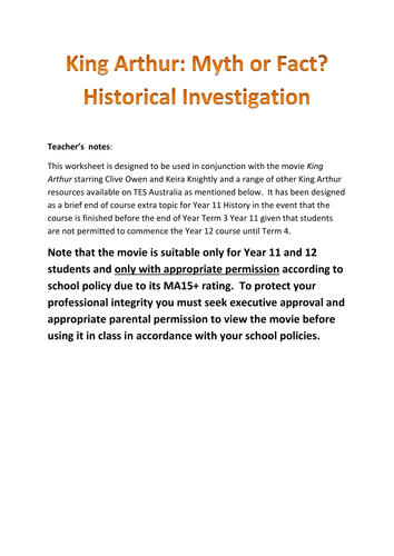King Arthur Historical Investigation Year 11 Anc H | Teaching Resources