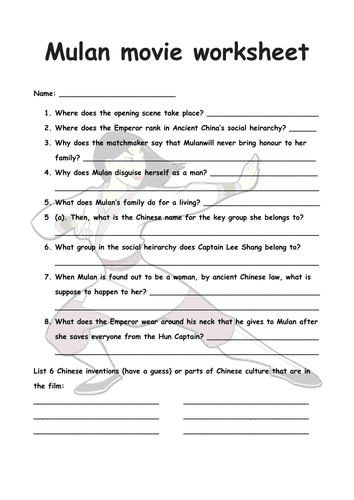 Ancient China - Mulan movie worksheet | Teaching Resources