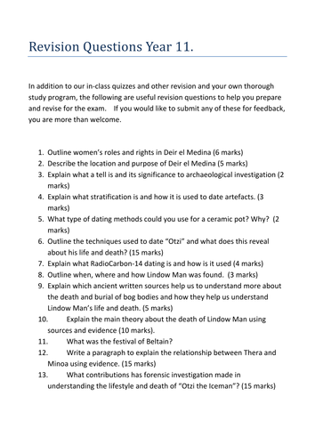 11 Ancient History Revision Questions | Teaching Resources