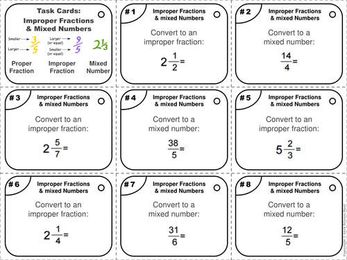 Improper Fractions and Mixed Numbers Task Cards | Teaching Resources