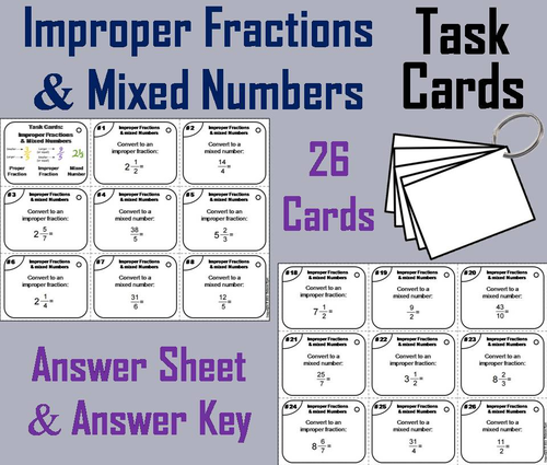 Improper Fractions and Mixed Numbers Task Cards | Teaching Resources