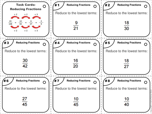 Reducing Fractions Task Cards | Teaching Resources