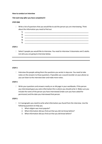Interview Scaffold for Year 7 | Teaching Resources