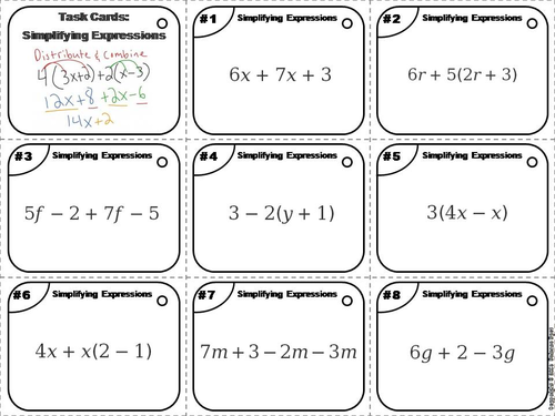 Simplifying Expressions Task Cards | Teaching Resources