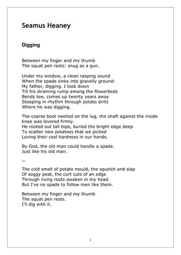 Digging by Seamus Heaney - notes and question | Teaching Resources
