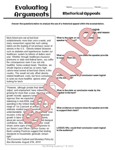 Argument Analysis Rhetorical Appeals Ethos, Pathos, Logos | Teaching ...