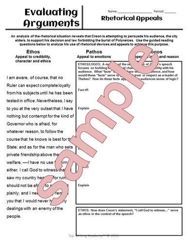 Argument Analysis Rhetorical Appeals Ethos, Pathos, Logos | Teaching ...