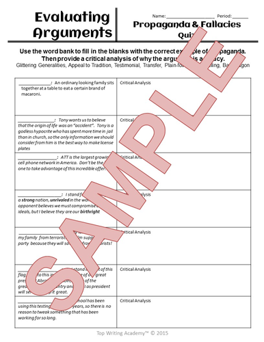 Argument Analysis Propaganda and Logical Fallacies | Teaching Resources