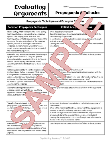 Argument Analysis Propaganda and Logical Fallacies | Teaching Resources