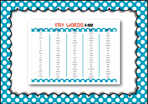 Fry Word List Word Wall Cards in Polka Dots 1 to 100 | Teaching Resources