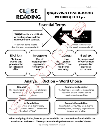 Tone & Mood Nonfiction Close Reading Diction Figurative Language ...