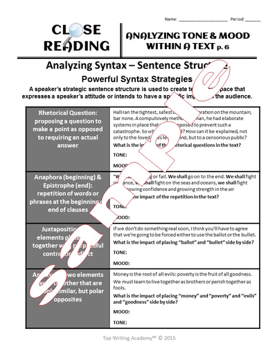 Tone & Mood Nonfiction Close Reading Diction Figurative Language ...