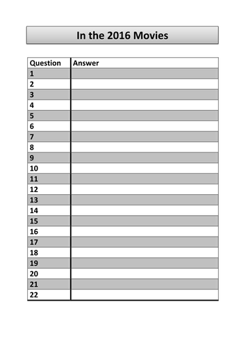 End of Year Quiz - In the 2016 Movies | Teaching Resources