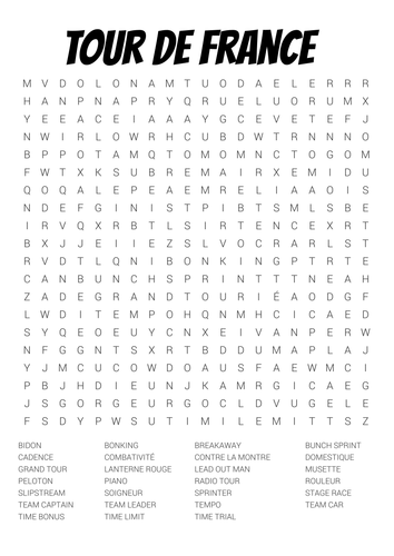 Tour De France Word Search and Terms by Kiwilander - Teaching Resources ...