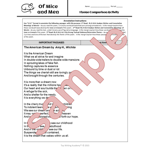 Of Mice and Men "American Dream" Theme Activity | Teaching Resources