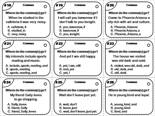 Commas Task Cards | Teaching Resources