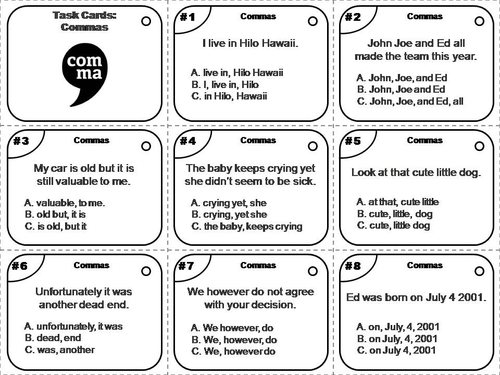 Commas Task Cards | Teaching Resources