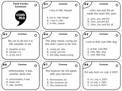 Commas Task Cards | Teaching Resources