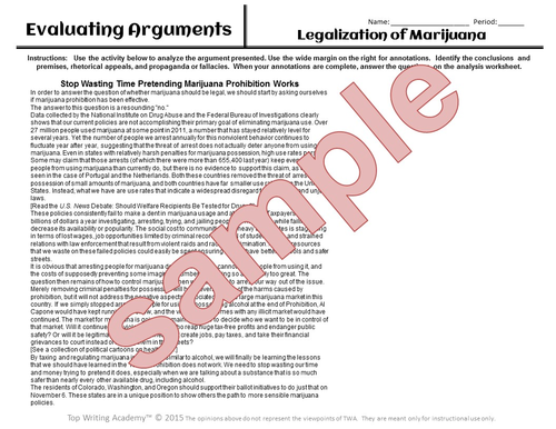 Argument Analysis Activity "Legalization of Marijuana" | Teaching Resources