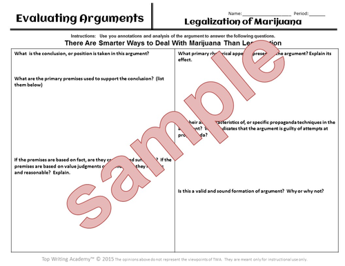 Argument Analysis Activity "Legalization of Marijuana" | Teaching Resources