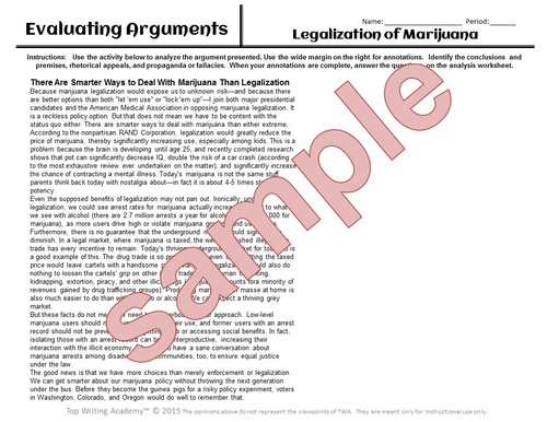 Argument Analysis Activity "Legalization of Marijuana" | Teaching Resources