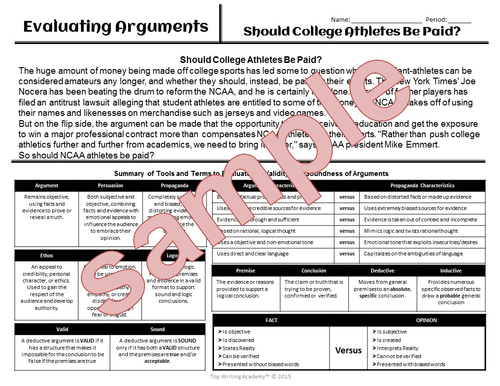 Argument Analysis Activity "Should College Athletes Be Paid ...