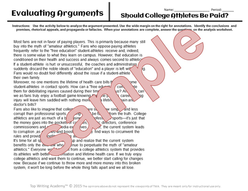 Argument Analysis Activity "Should College Athletes Be Paid ...
