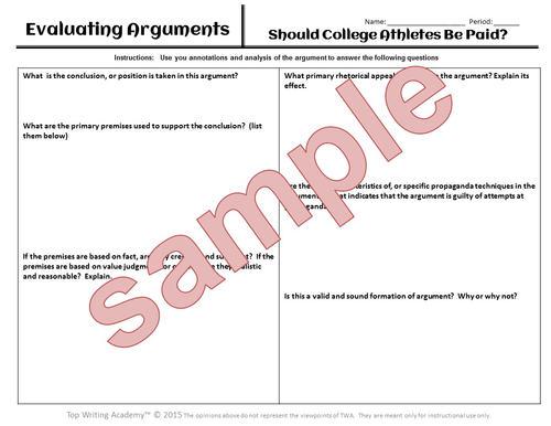 Argument Analysis Activity "Should College Athletes Be Paid ...