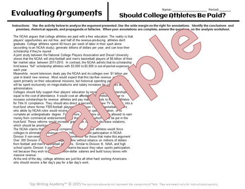 Argument Analysis Activity "Should College Athletes Be Paid ...