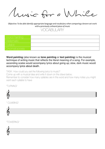 Music for a While - Word Painting (Edexcel GCSE Music 9-1) AoS2 | Teaching Resources