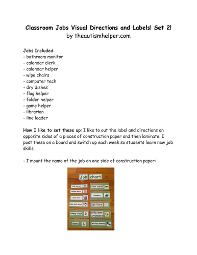 Classroom Jobs Visual Directions and Labels! Set 2 | Teaching Resources