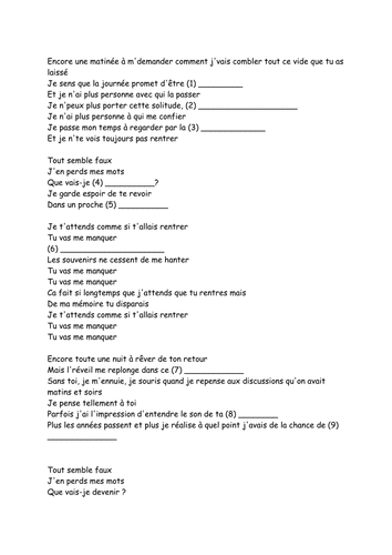French song gap-fills (listening activities - vocabulary, (near) future ...