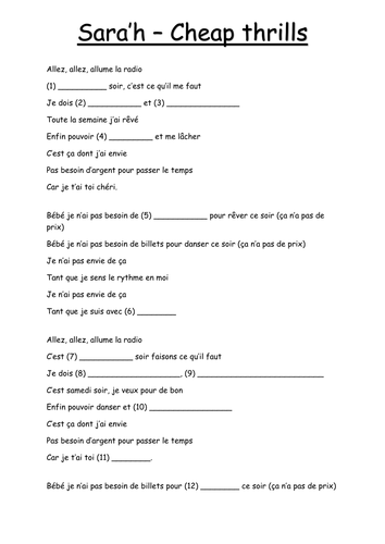 French song gap-fills (listening activities - vocabulary, (near) future ...