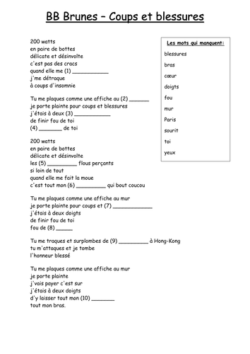 French song gap-fills (listening activities - vocabulary, (near) future ...