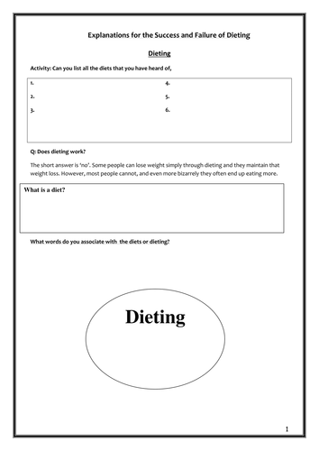 Eating Behaviour - Success and Failure of Dieting Workbook - New AQA ...