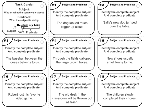 Subject and Predicate Task Cards (Complete and Compound) | Teaching ...