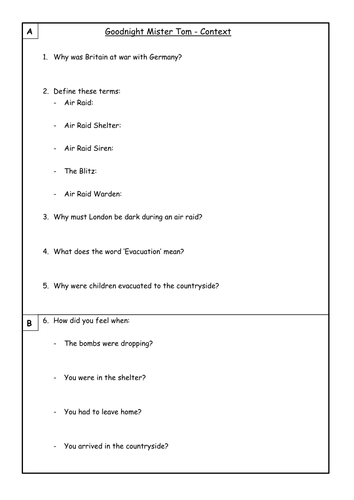 Y7 Goodnight Mister Tom Context | Teaching Resources