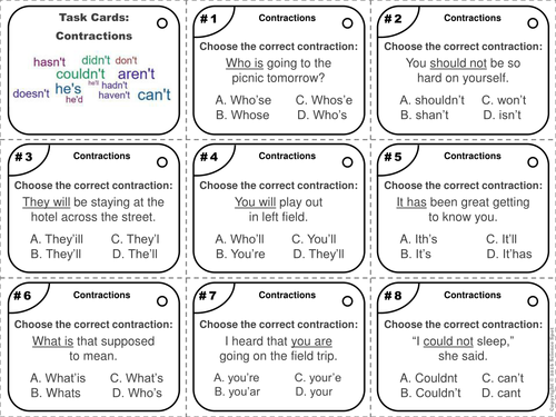 Contractions Task Cards | Teaching Resources