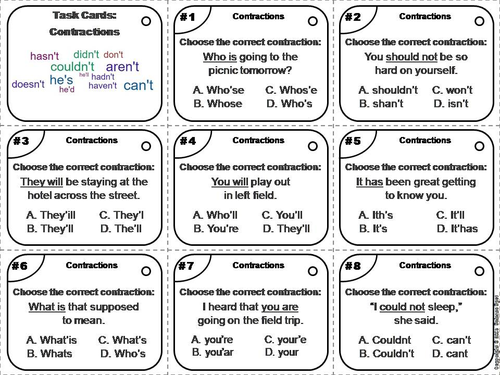 Contractions Task Cards | Teaching Resources