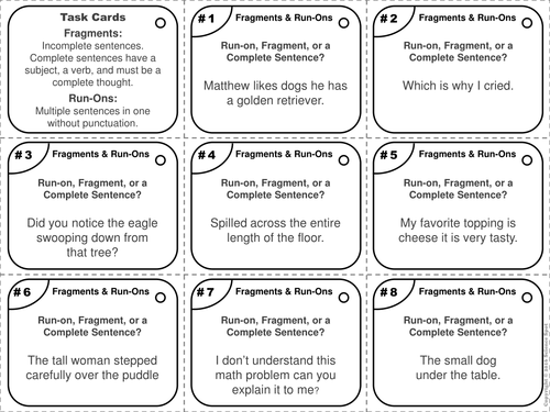 Fragments and Run-Ons Task Cards | Teaching Resources