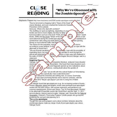 Nonfiction Close Read Zombies Zombies Zombies | Teaching Resources