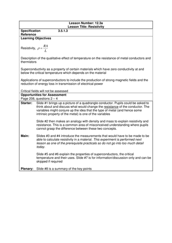 Physics A-Level Year 1 Lesson - Resistance (PowerPoint AND lesson plan ...