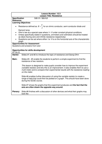 Physics A-Level Year 1 Lesson - Resistance (PowerPoint AND lesson plan ...