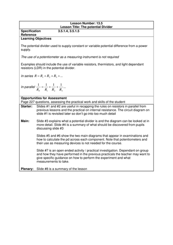 Physics A-Level Year 1 Lesson - The Potential Divider (PowerPoint AND ...