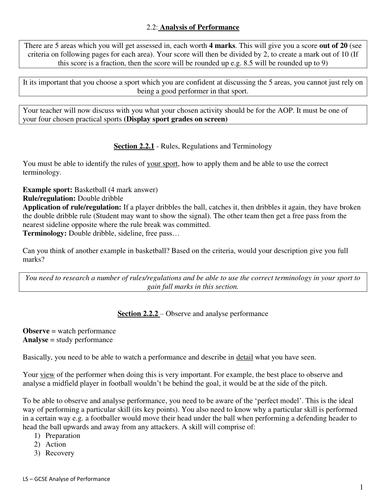 EDEXCEL GCSE PE Analysis of Performance | Teaching Resources