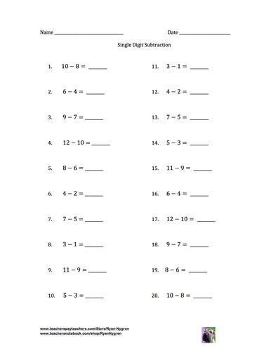 Single Digit Subtraction Worksheets - Horizontal (15 pages) | Teaching ...