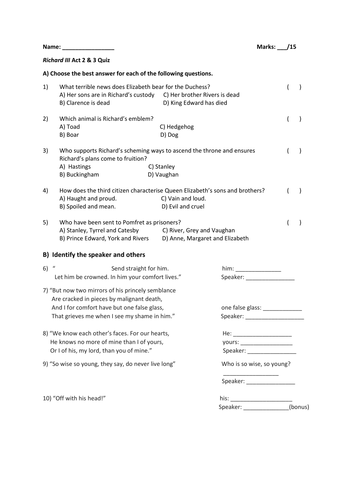 William Shakespeare's Richard III worksheets | Teaching Resources