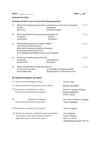 William Shakespeare's Richard III worksheets | Teaching Resources